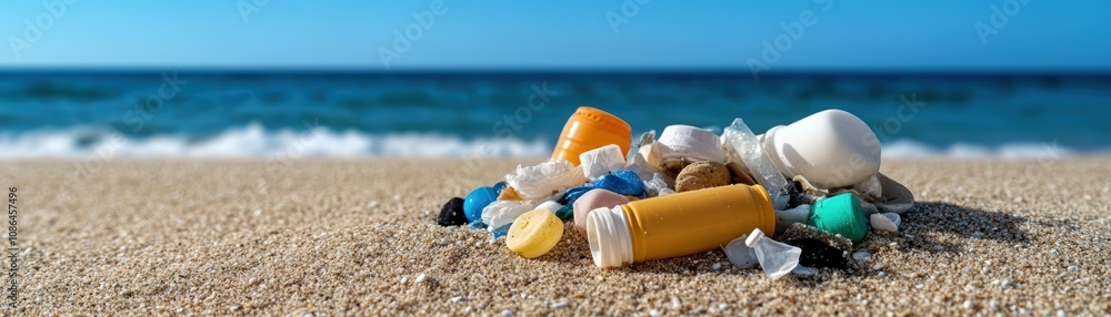 Plastic waste floating in the ocean concept. Tiny microplastic ...