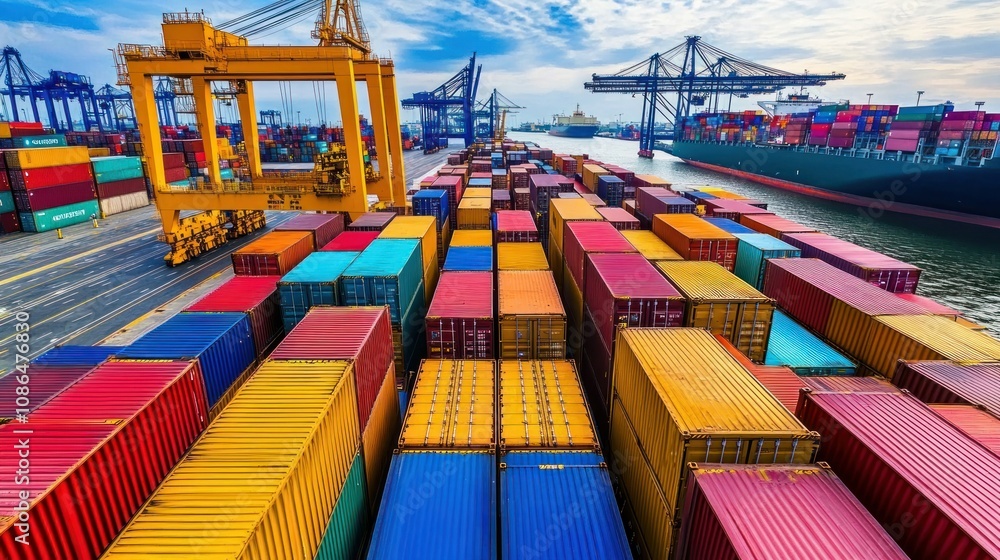 Stock-Illustration „A port-side logistics operation featuring towering ...