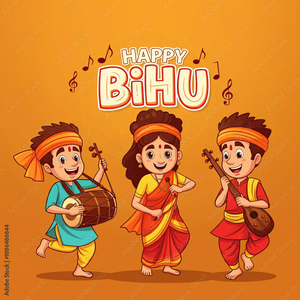 Happy Bihu illustration featuring children in traditional Assamese ...