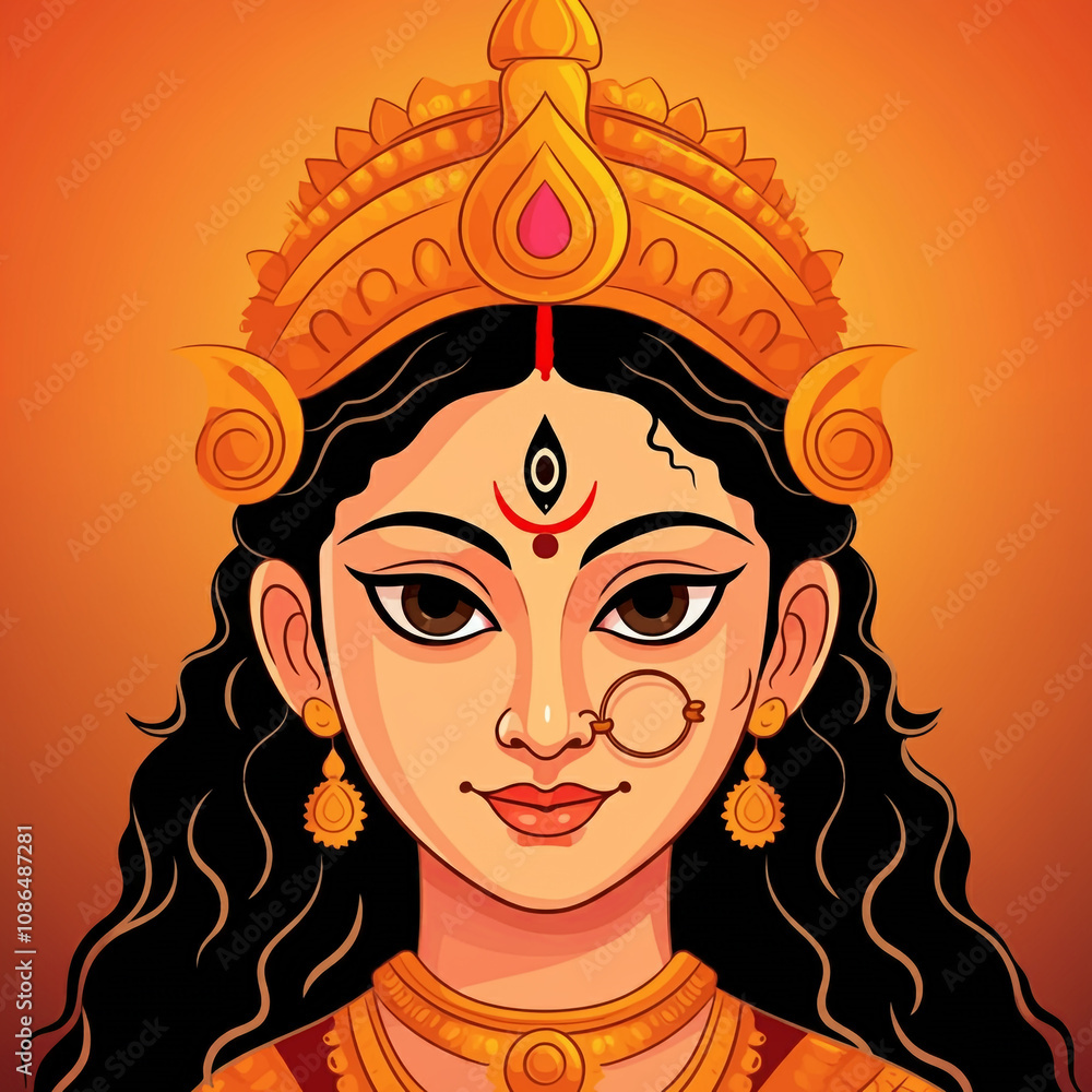 Beautiful illustration of Maa Durga’s serene face, radiating divine ...