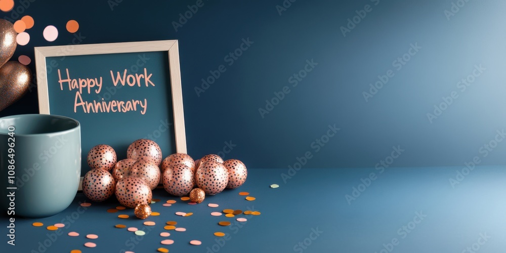 Happy work anniversary concept. Festive workspace decoration with a ...