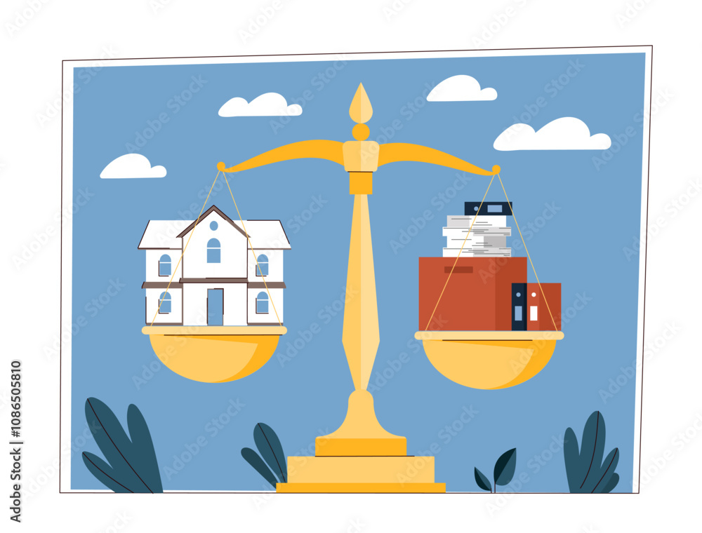 Work versus home. Apartment and desk with papers at scales. Metaphor ...