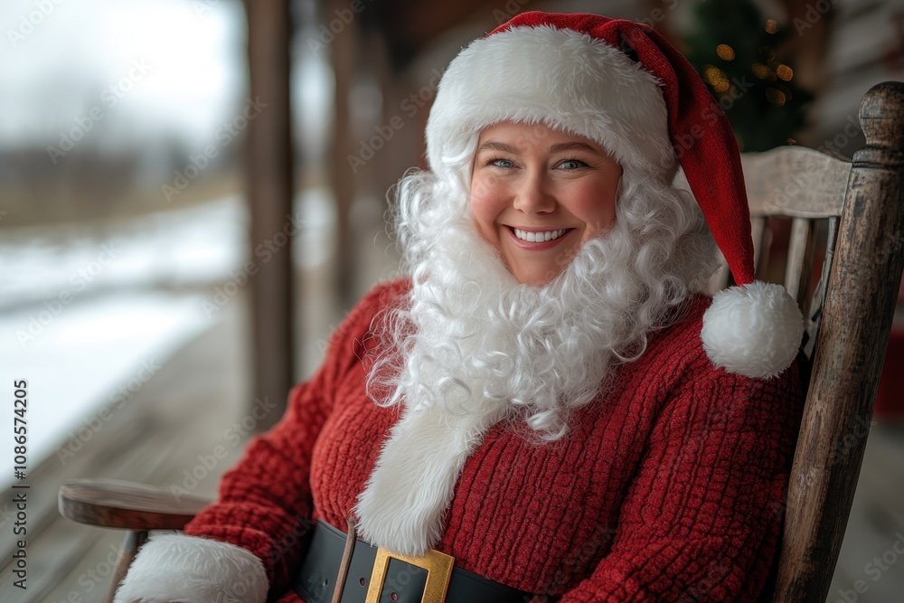 Jolly white woman Santa Claus in her red suit and white beard flashing ...
