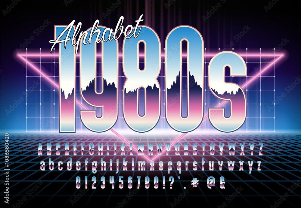 Retro Futuristic font in 1980s retrowave, synthwave style. Bright ...