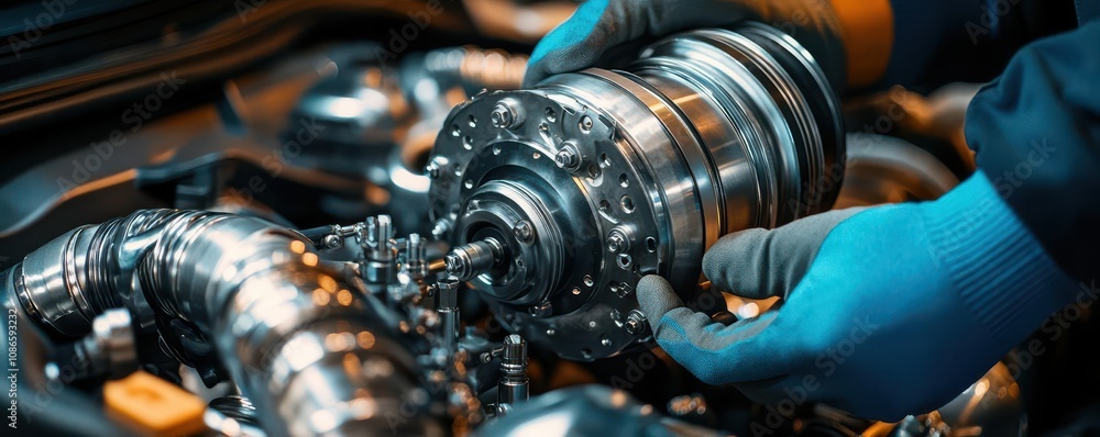 Mechanic securing turbocharger with bolts, close-up view, detailed ...