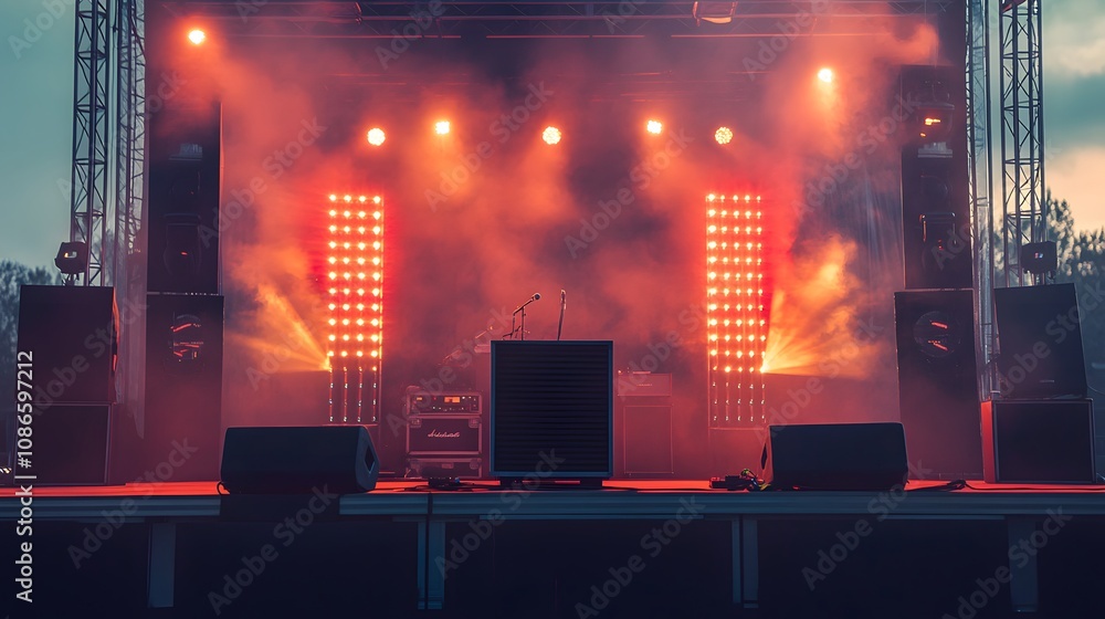 15. A podium on an outdoor stage during a music festival, with speakers ...