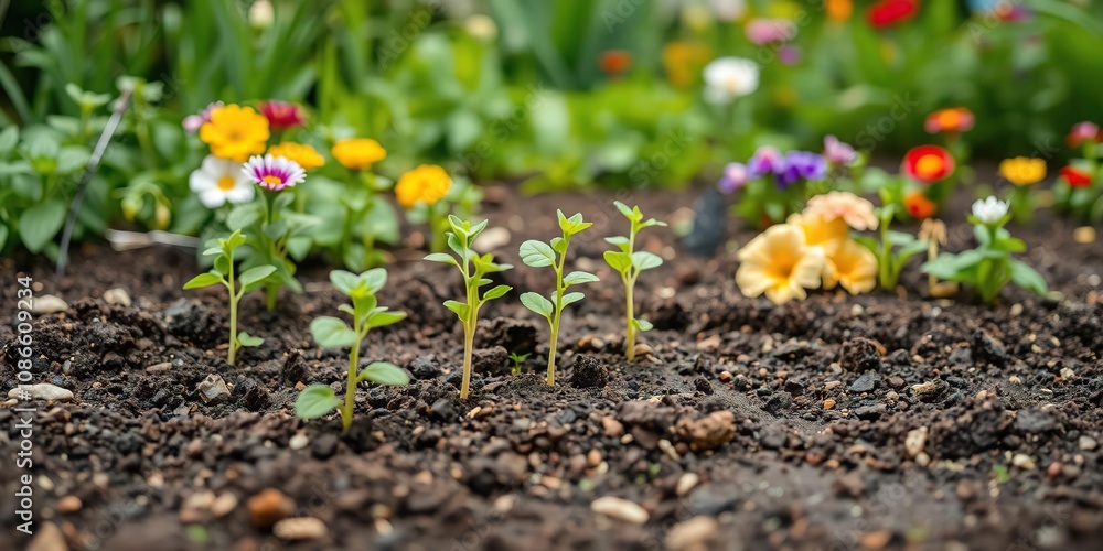 Planting seedlings in a garden bed with lush greenery and colorful ...