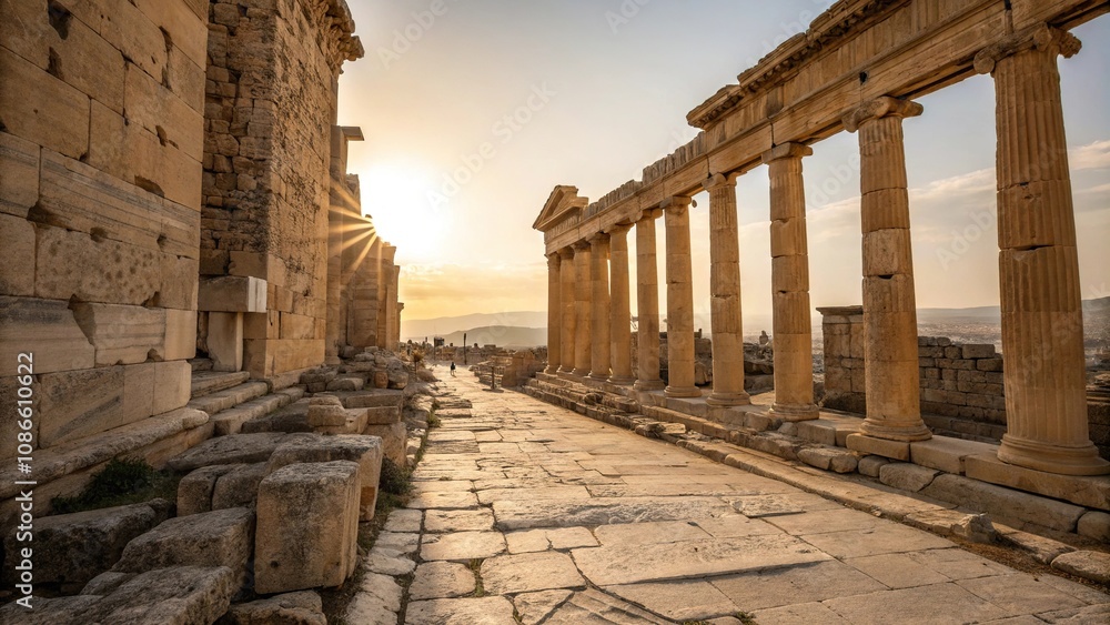 Stone columns and arches of Munigua acropolis with warm sunlight ...
