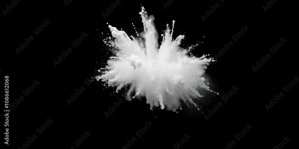 White powder erupts in a blast on a dark backdrop creating an intense ...