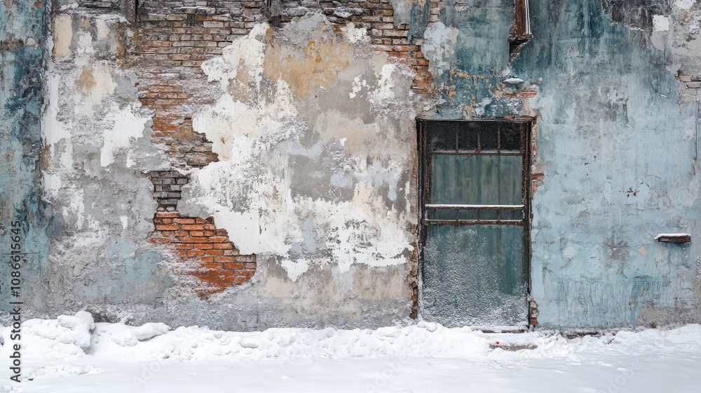 Snow-dusted remnants of a once-vibrant mural on a crumbling wall ...
