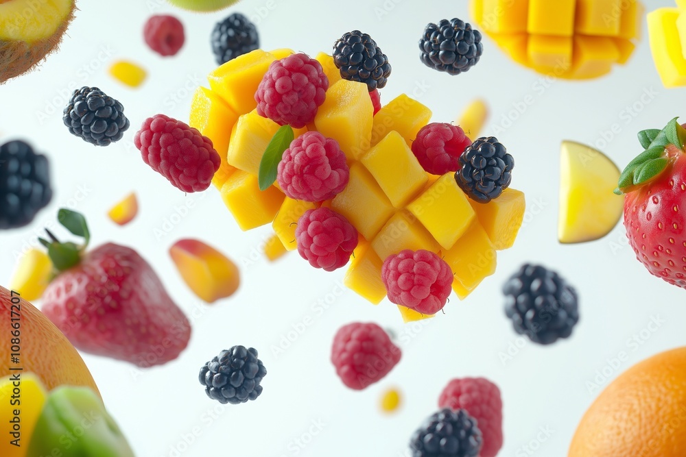 Dynamic composition of vibrant tropical fruits and berries soaring ...