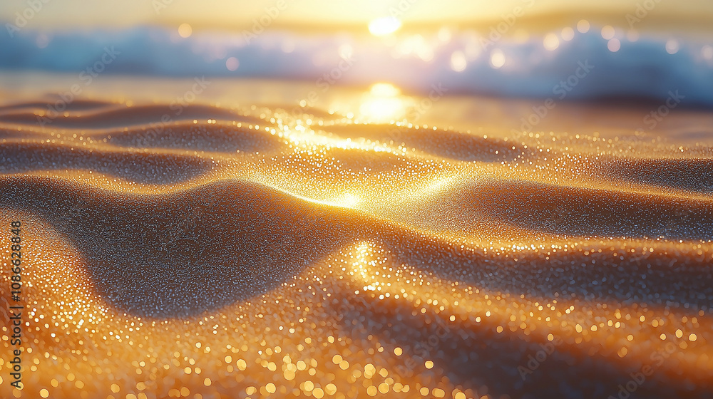 Bright sunlit sand texture with small grains, capturing a warm, sun ...