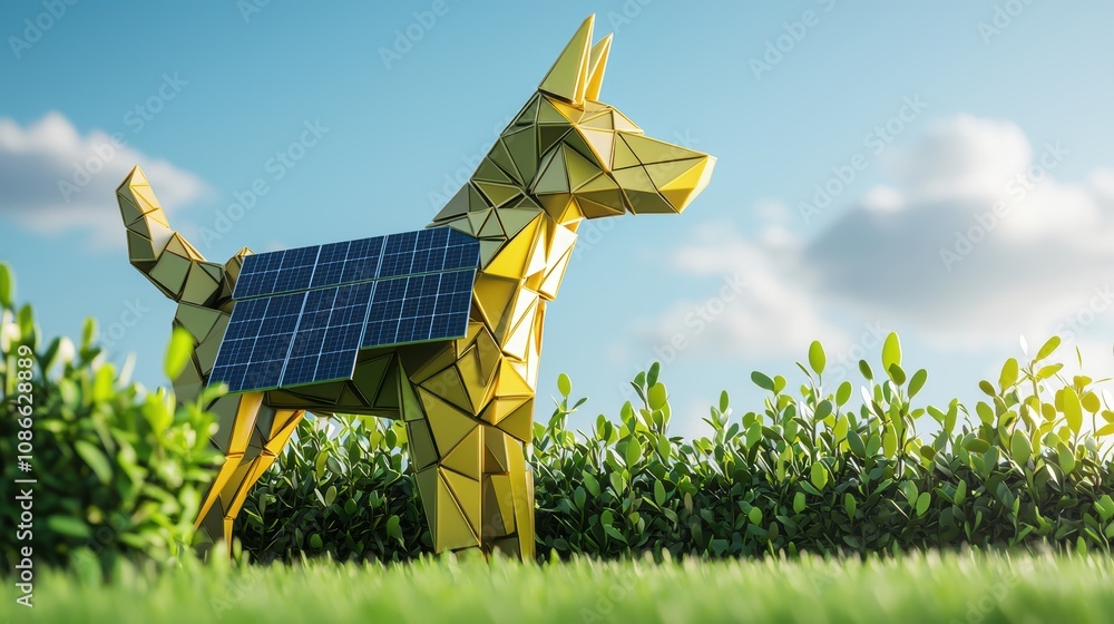 A robotic dog equipped with solar panels and sensors, patrolling a ...