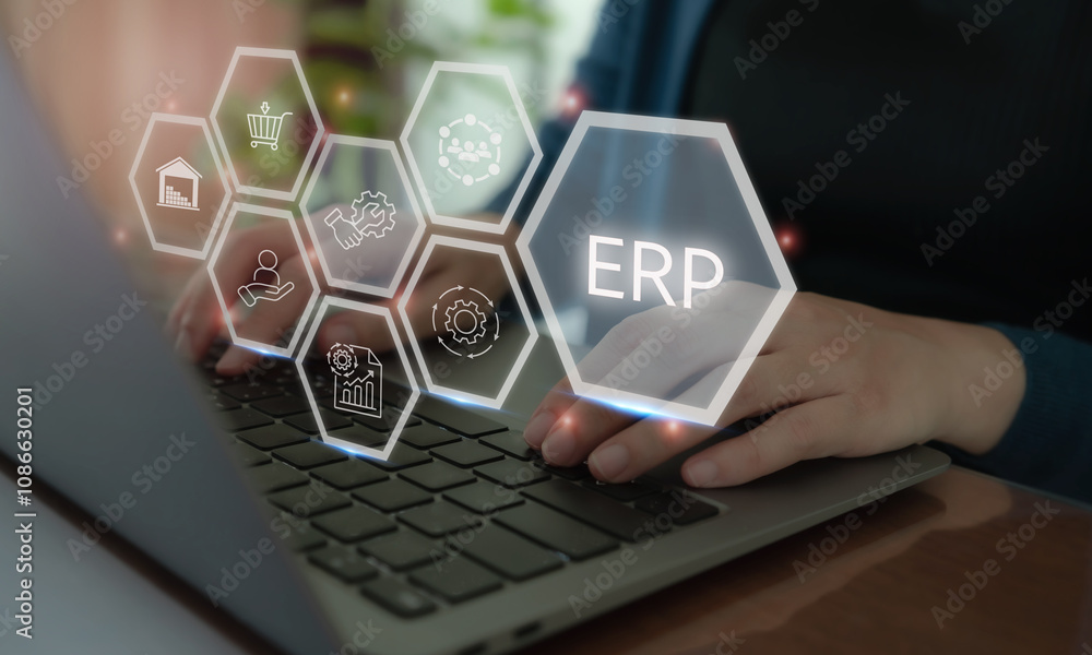 ERP system technology concept. Digital illustration depicting ...