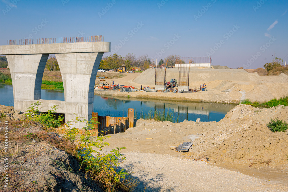 Huge pole in foundation with metal piles, construction of concrete ...