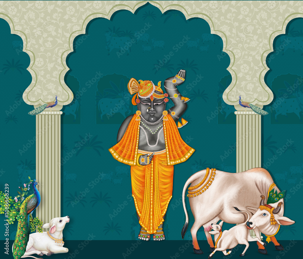 3D illustration of Shreenathji (Lord Krishna) With Pichwai Cow , Arch ...