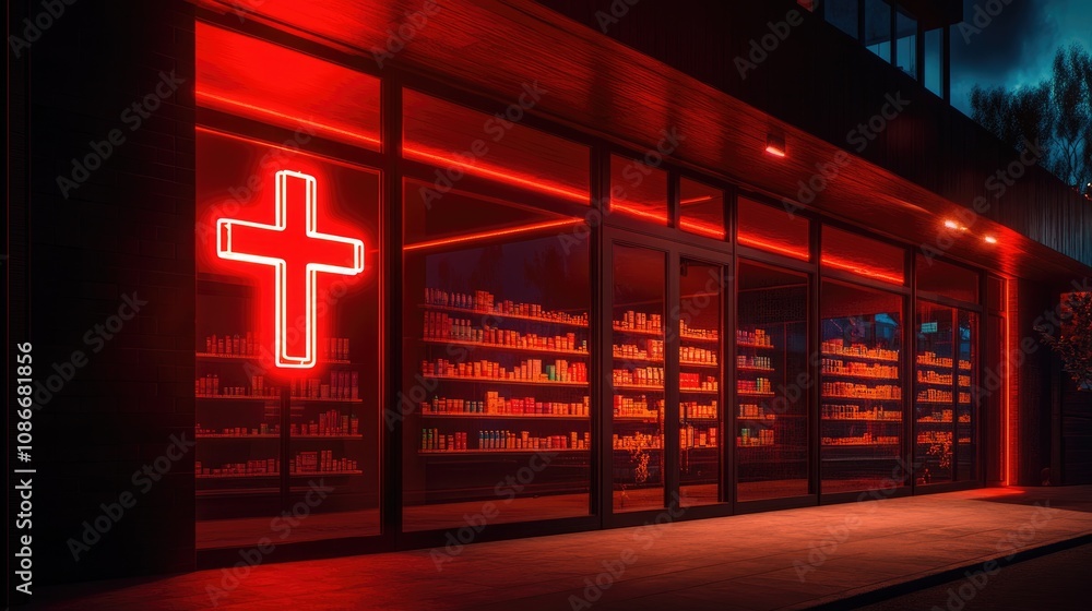 Urban pharmacy storefront illuminated by a vivid neon cross sign ...