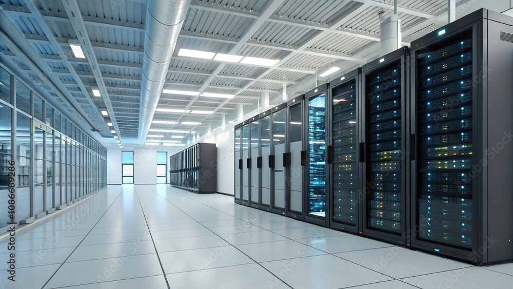 3D rendering of a futuristic data center, IT infrastructure, data ...
