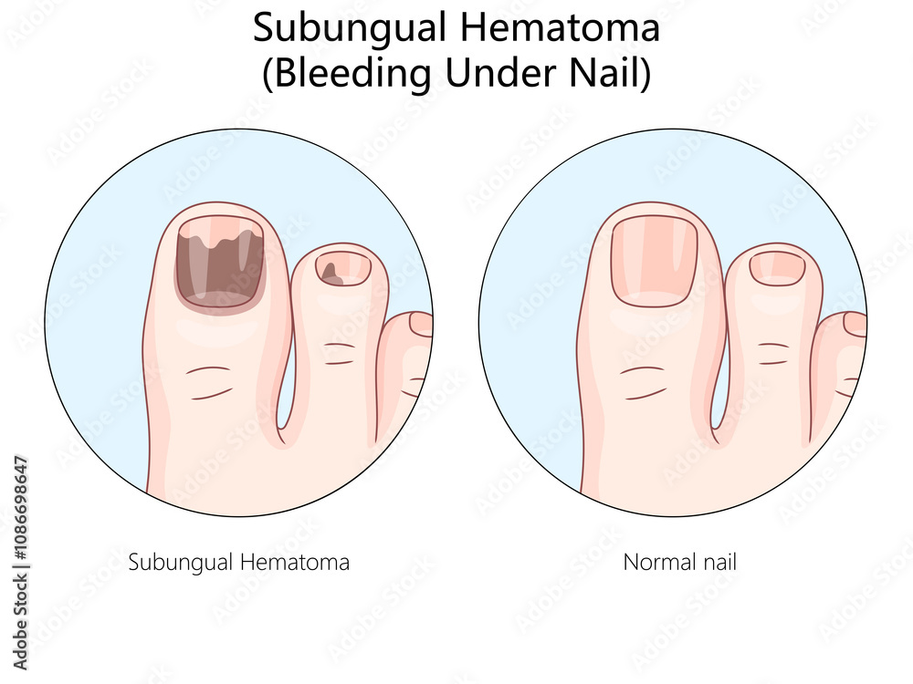 subungual hematoma bleeding under nail with a normal nail, showing ...