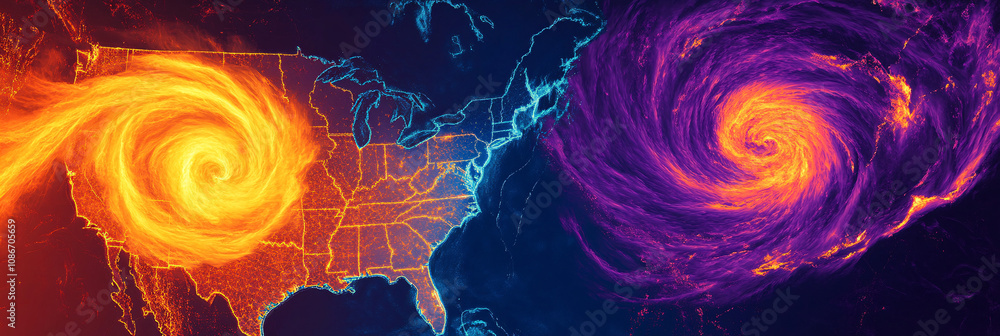Orange and Violet Tornadoes Colliding Over a Divided U.S. Map ...