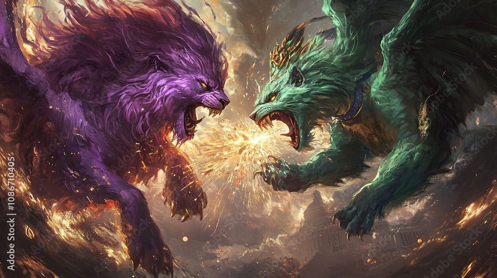Purple Lion and Green Phoenix Engaged in a Battle Above the Capitol ...