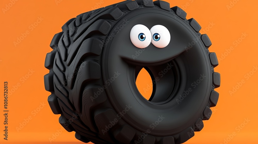 Cartoon tire with a smiley face on it. The tire is black and orange ...