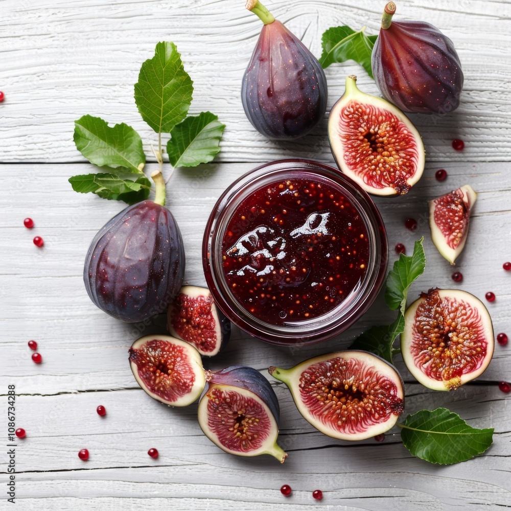 Ilustrace Fig jam jar, sweet ficus carica confiture, canned fig ...