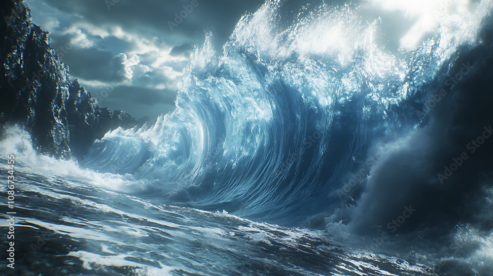 Towering tsunami wave frozen mid-motion, dramatic and colossal, 8k ...