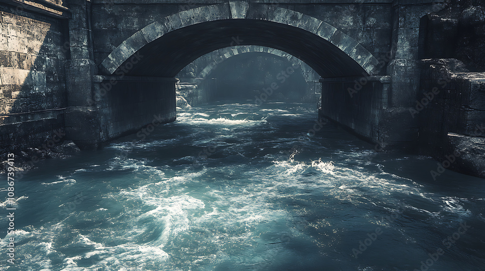 Ilustrace Troubled waters beneath an old, cracking bridge, turbulent ...