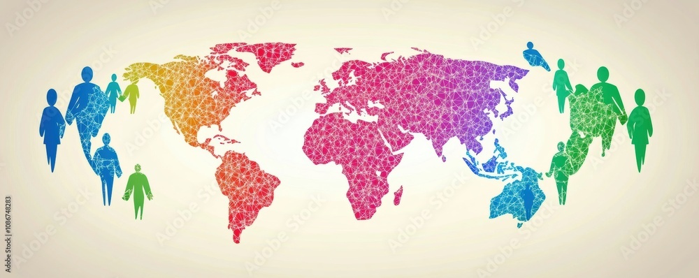 Colorful World Map with Silhouettes of People Representing Global ...