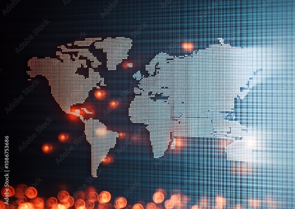 Digital World Map with Glowing Lights and Pixelated Effect Background ...