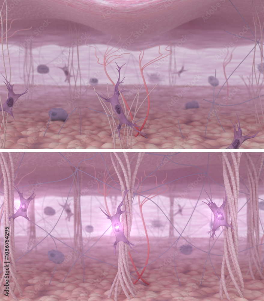 Before and after skin rejuvenation, showing skin tissue, collagen ...