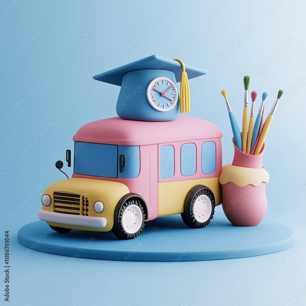 Charming Playful School Bus with Clock and Colorful Art Supplies on a ...