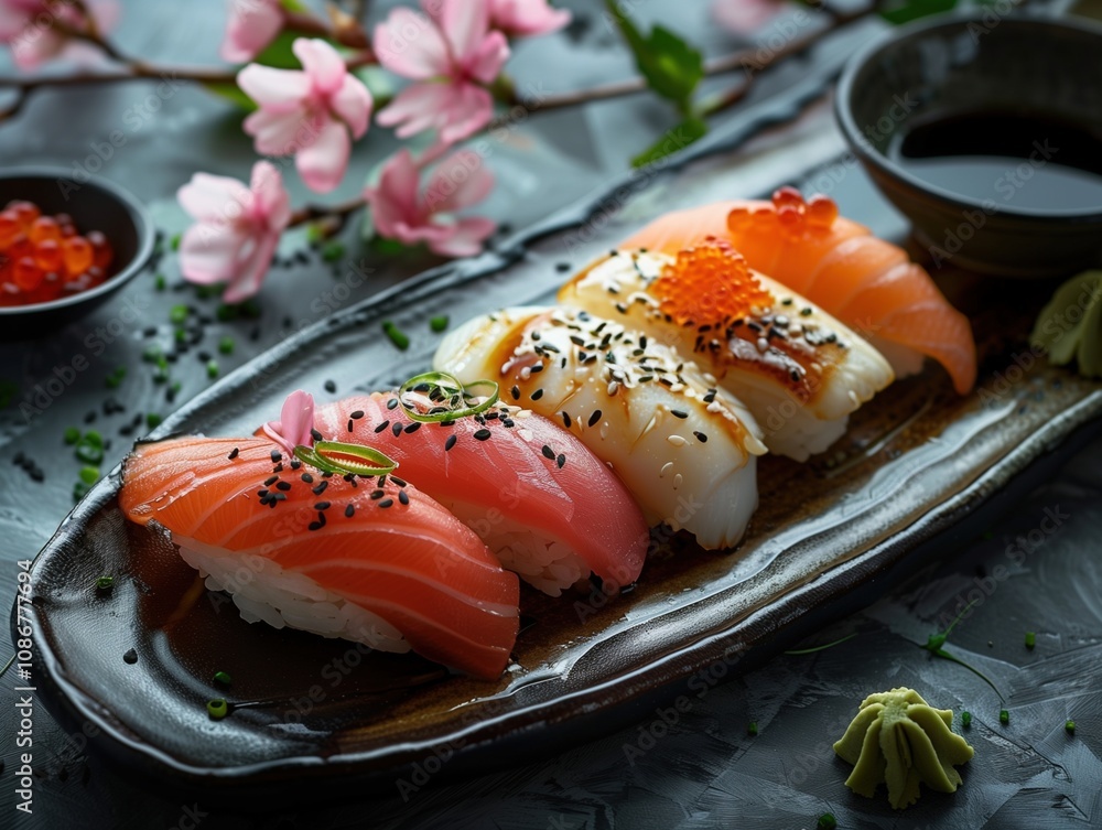Hokkigai Nigiri, surf clam sushi on rice, traditional Japanese sushi on ...