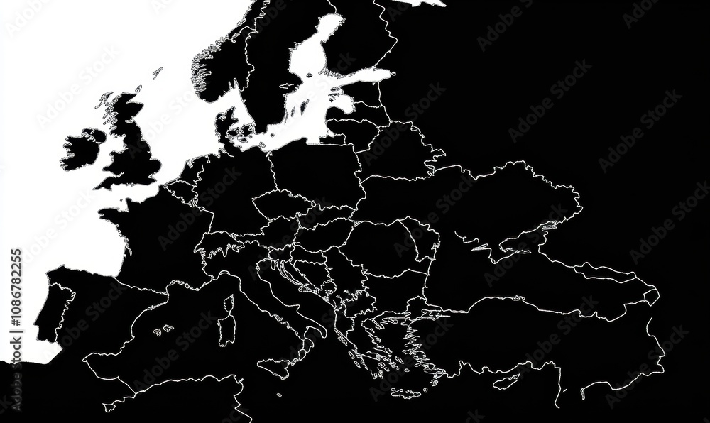 Black and White Detailed Map of Europe Highlighting Countries with ...