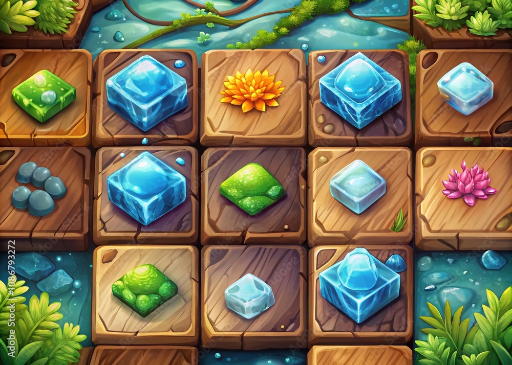 Colorful Cartoon Game UI Tiles Featuring Wood, Stone, Ice, Water, Grass ...