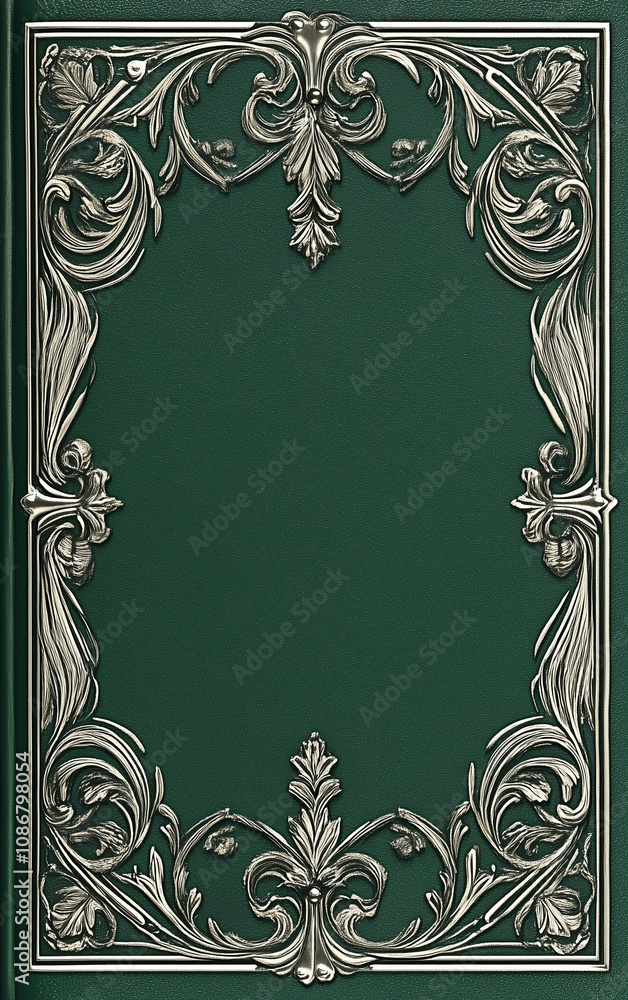 book cover design, in a emerald green color with silver filigree ...