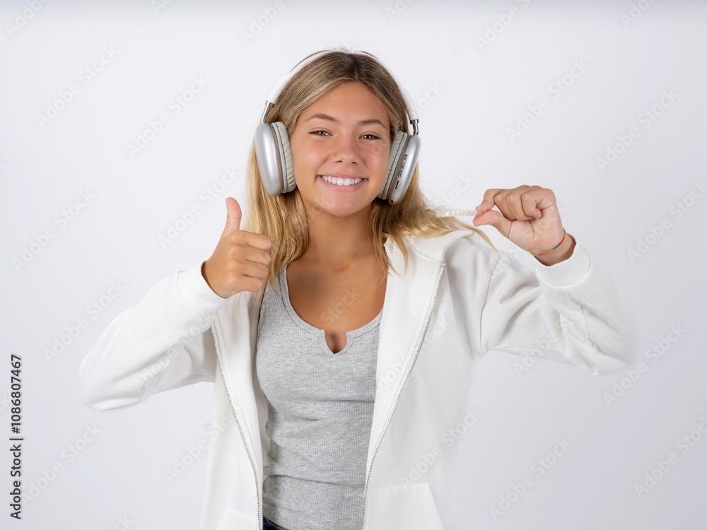 Beautiful teen girl wearing white jacket holding an invisible braces ...