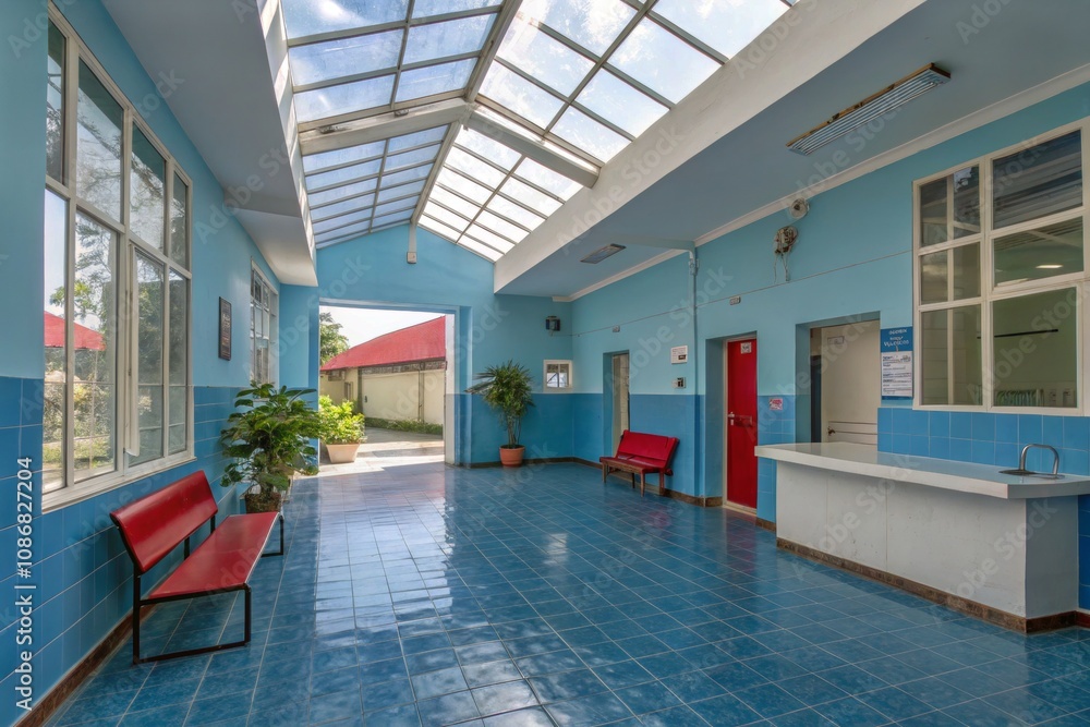 Government Hospital Interior, Blue Color Scheme, High Ceiling, Skylight ...