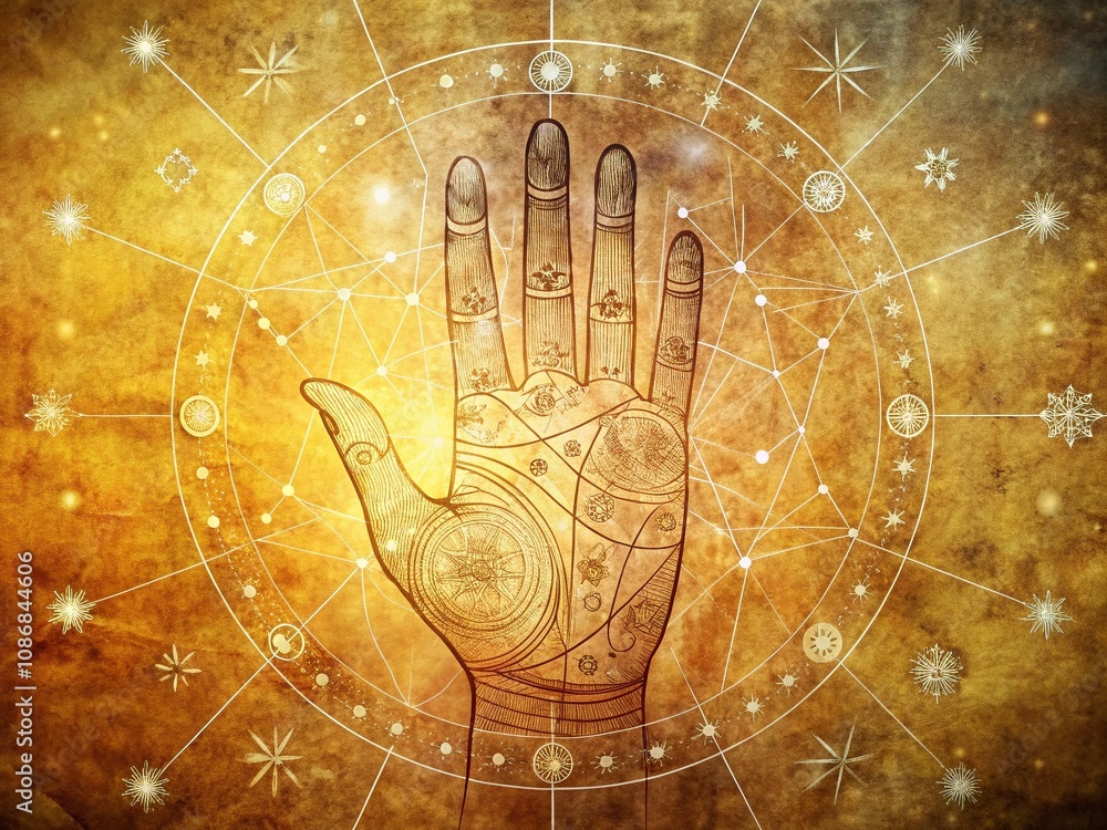 Intricate Chiromancy Chart with Detailed Hand Lines, Palmistry Symbols ...