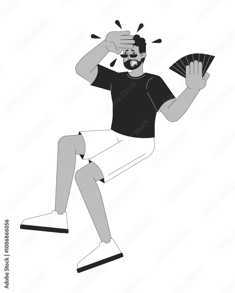 Sad african american man suffering from overheating black and white 2D ...
