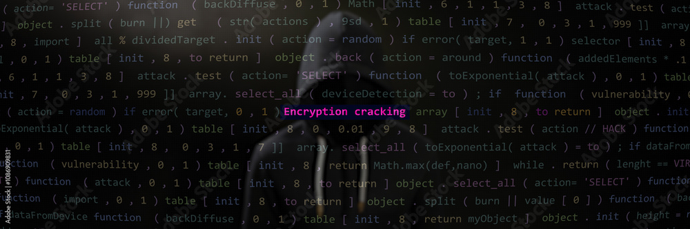 Cyber attack encryption cracking text in foreground screen, Anonymous hacker hidden with hoodie ...