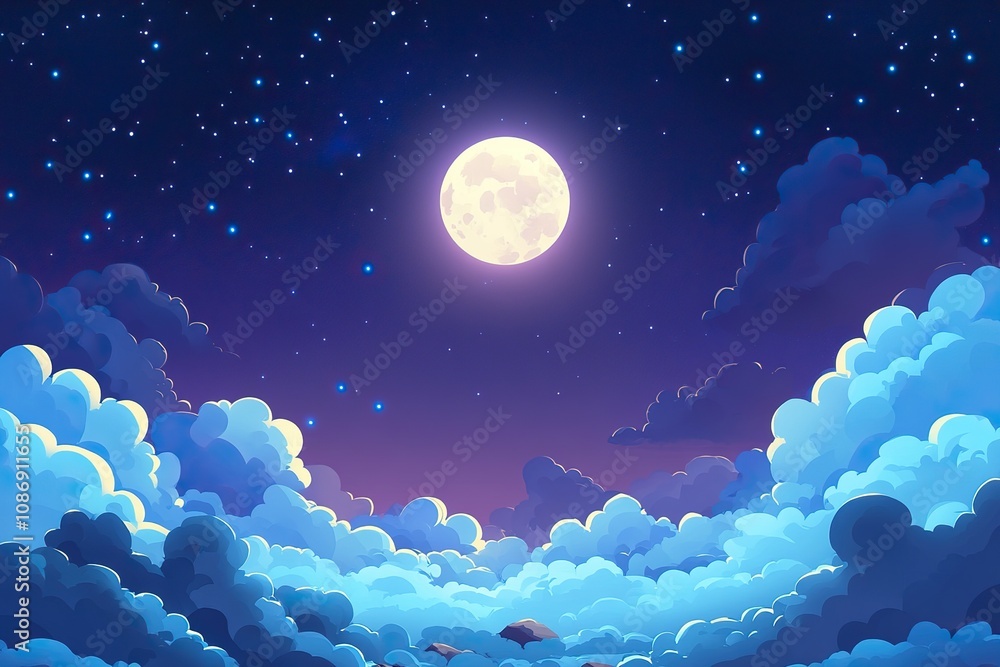 Full moon in night sky with stars and clouds. Starry heaven with ...