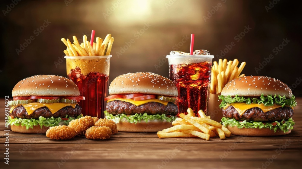 Fast food delivery menu background with various burgers, cheeseburger ...