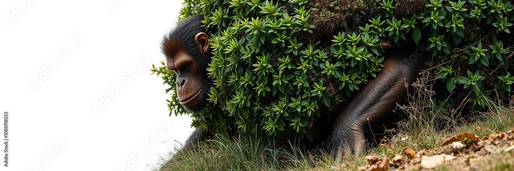 Grunting Neanderthal crouches behind bush, earthy tones, primal ...
