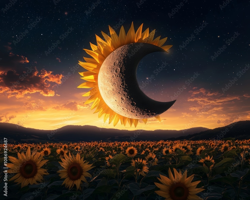 Sunflower Moonrise, A massive sunflower replaces the moon in the sky ...