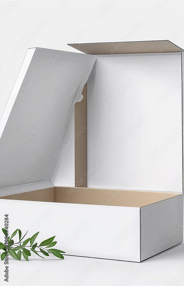 Blank white flat square gift box with open and closed hinged flap lid ...