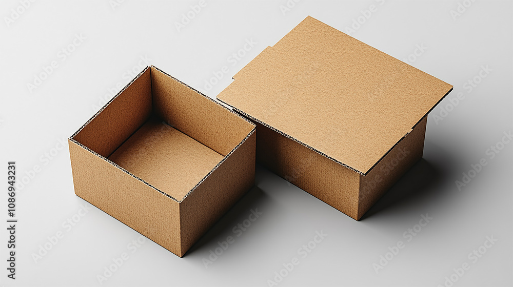 Blank white flat square gift box with open and closed hinged flap lid ...