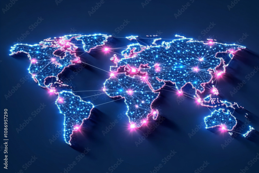 Vibrant neon digital world map with global connections, futuristic design, and technology-driven ...