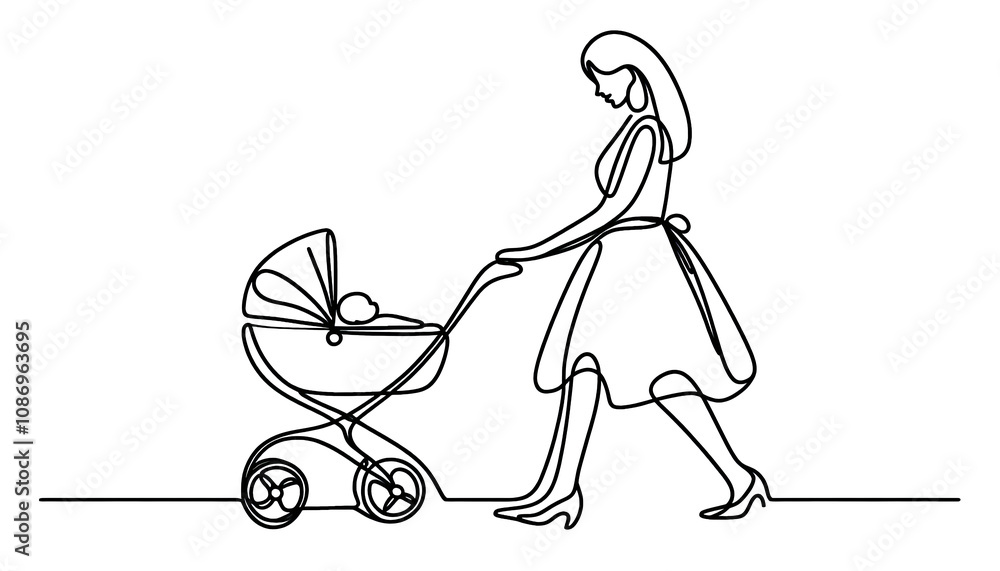 Simple one line drawing of a mom with a stroller . Transparent ...